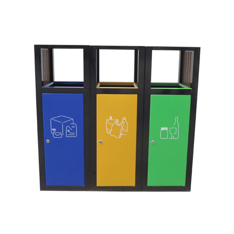 3-Compartment Recycling Bin with Steel & Plastic Wood Design