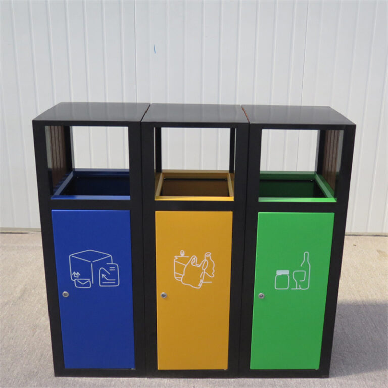 3-Compartment Recycling Bin with Steel & Plastic Wood Design