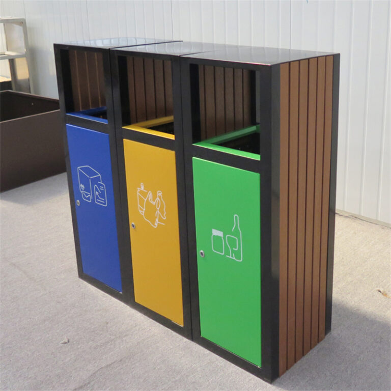 3-Compartment Recycling Bin with Steel & Plastic Wood Design