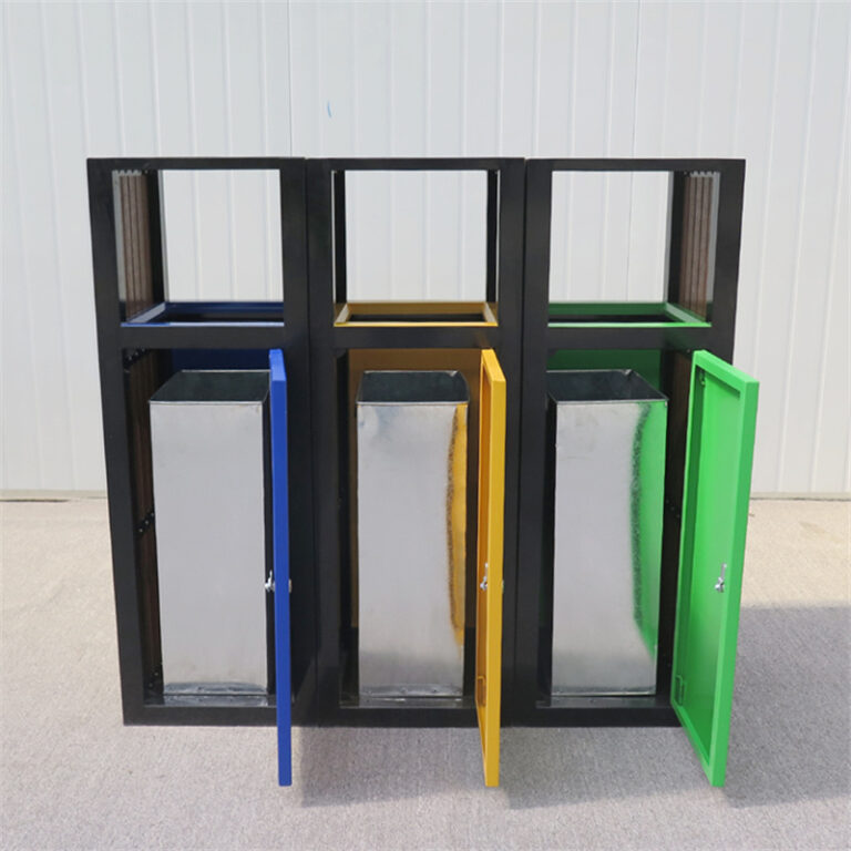 3-Compartment Recycling Bin with Steel & Plastic Wood Design